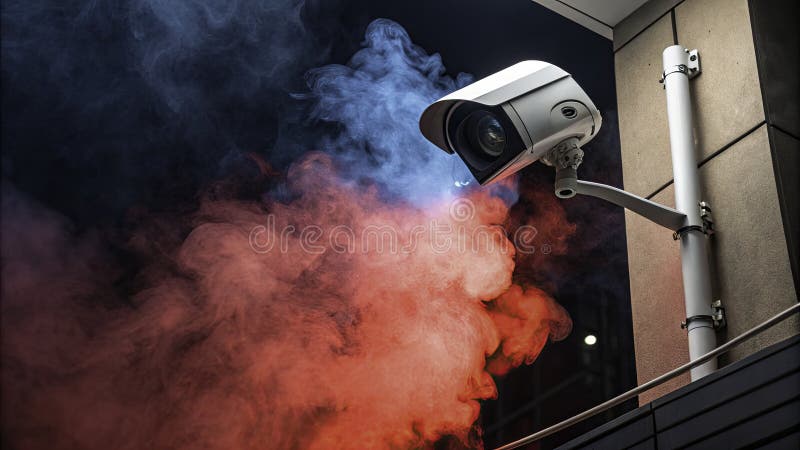 Futuristic Red and Blue Smoke Envelops Sleek Surveillance Camera: a ...