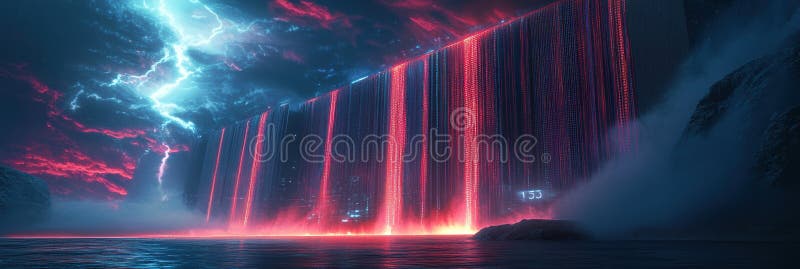 Futuristic Red and Blue Waterfall with Digital Elements and Lightning ...