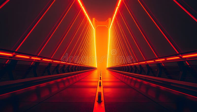 Futuristic Red Bridge Glowing in the Dark of Night Stock Illustration ...