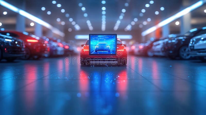 Futuristic Red Car with Digital Display in Modern Car Showroom Stock ...