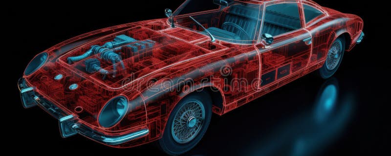 Futuristic Red Car Hologram Showing Detailed Internal Mechanisms and ...