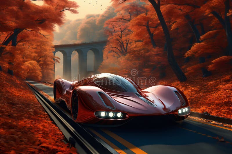 A Futuristic Red Car on the Road Fall Decorations. AI Generated Stock ...