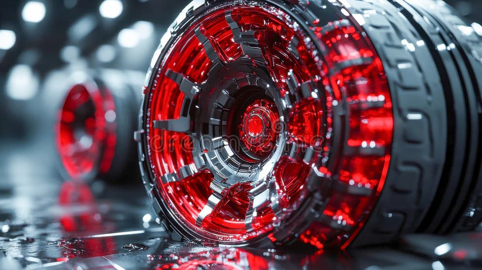 Futuristic Red Car Wheel with Intricate Mechanical Design and Glowing ...