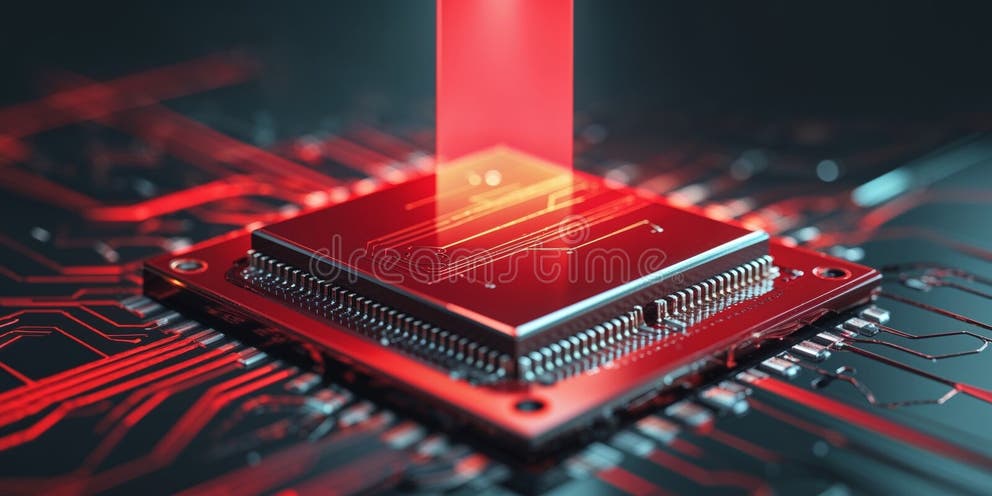 Futuristic Red Chip with Light Beam and Circuits. Stock Image - Image ...