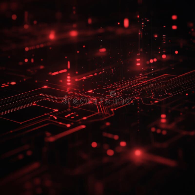 Futuristic Red Circuit Board with Glowing Elements and Digital Patterns ...