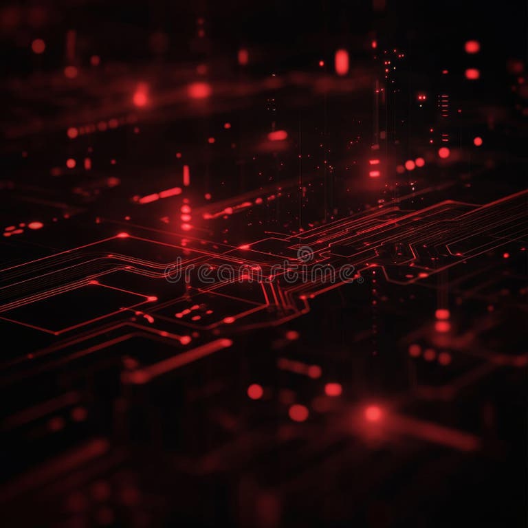Futuristic Red Circuit Board with Glowing Elements and Digital Patterns ...