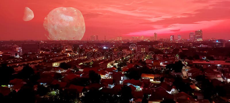 The Futuristic Red City of Mars with Phobos and Deimos Moon. Stock ...