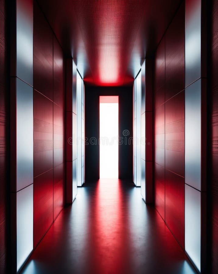 Futuristic Red Corridor Bright Light at the End of Tunnel Abstract ...