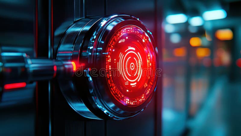Futuristic Red Digital Interface Glows on a Sleek, Metallic Security ...