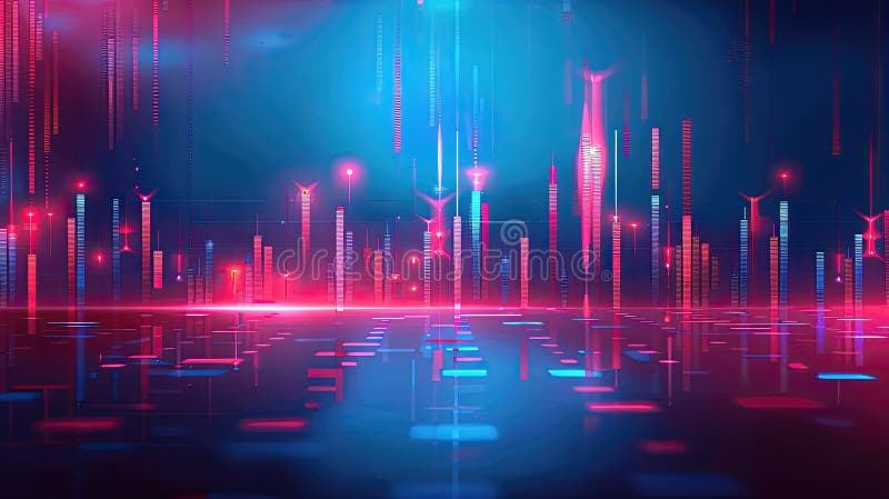 Futuristic Red Digital Landscape with Light Pillars and Grid. Stock ...