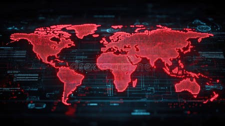 Futuristic Red Digital World Map Display with Data Visualization ...
