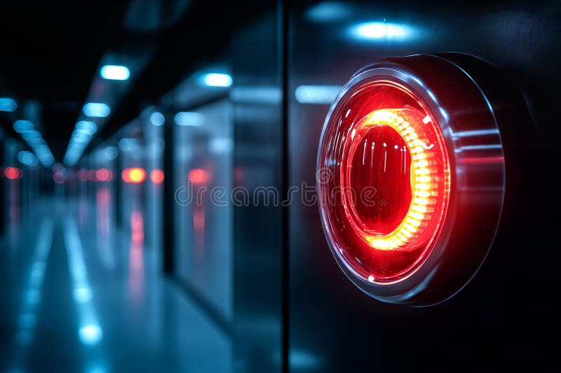 Futuristic Red Led Light on Metallic Wall in Modern High-tech Corridor ...
