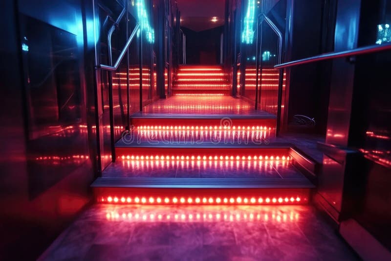 Futuristic Red Led Staircase in Dark Interior Setting with Blue ...