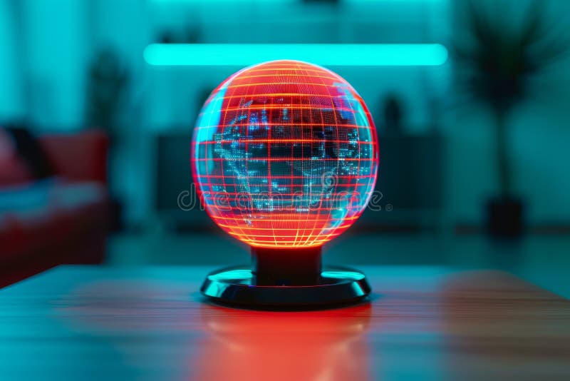 Futuristic Red Light Globe with Earth Map and Grid Lines on a Wooden ...