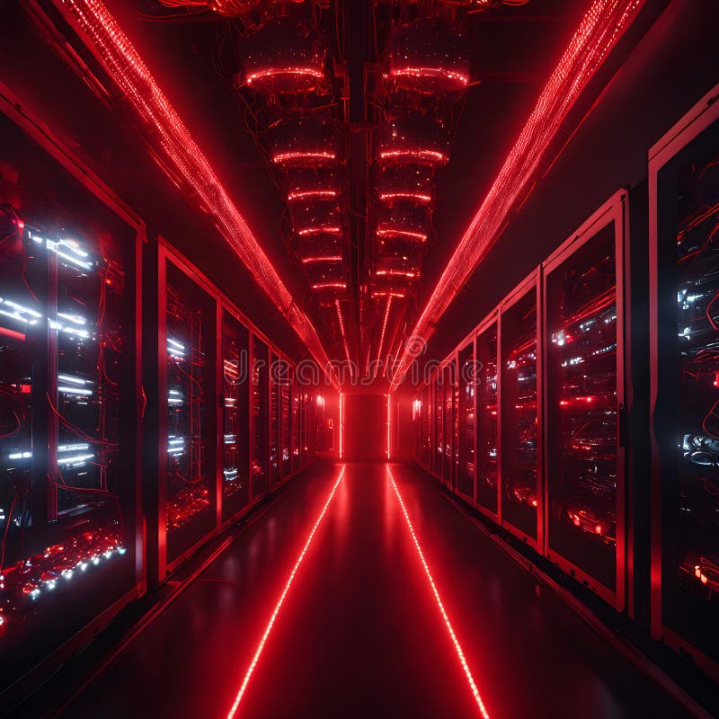 Futuristic Red-Lit Data Center with Glowing Servers Stock Image - Image ...
