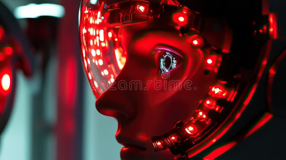 Futuristic Red-lit Robotic Interface with Cybernetic Features and ...