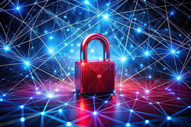 Futuristic Red Lock Illuminates a Glowing Digital Network a Powerful ...