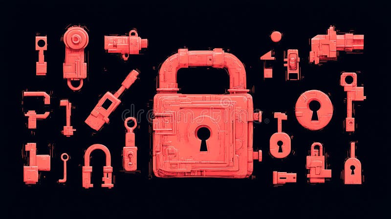 Futuristic Red Lock and Key Parts Arranged in a Digital Pattern on a ...