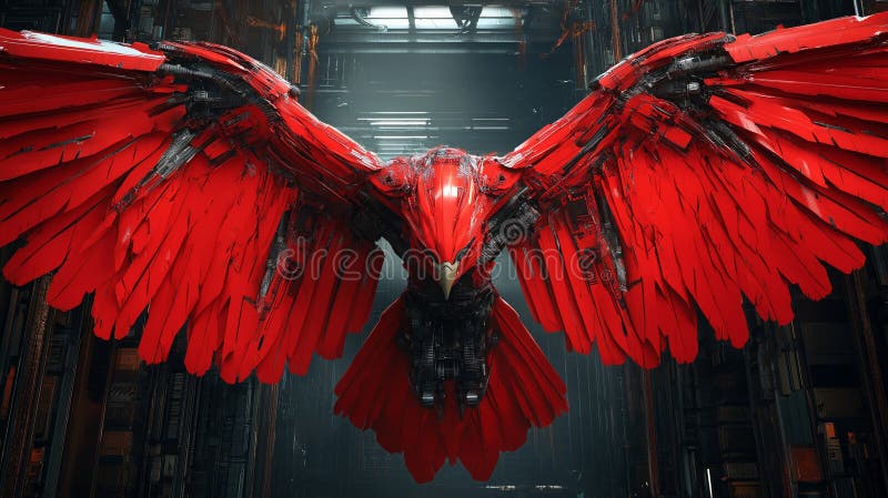 Futuristic Red Mechanical Bird with Large Metal Wings in Industrial ...
