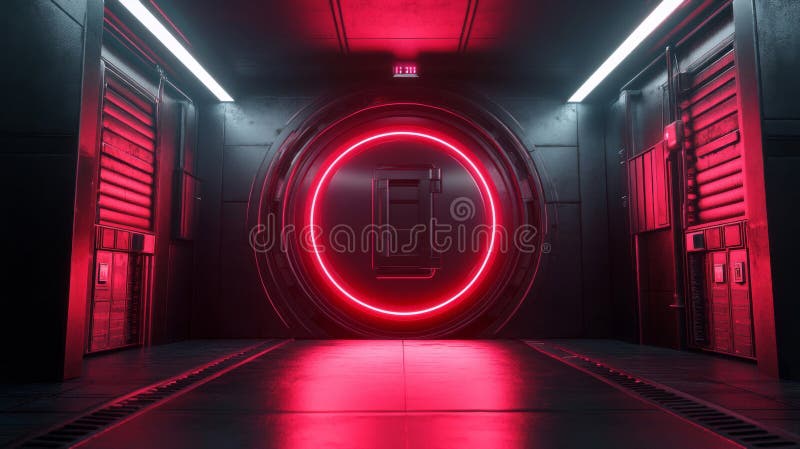 Futuristic Red Neon Corridor with Circular Door Stock Illustration ...