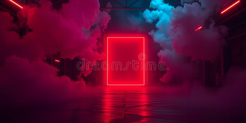 Futuristic Red Neon Light Frame in Smoky Industrial Setting Stock Photo ...