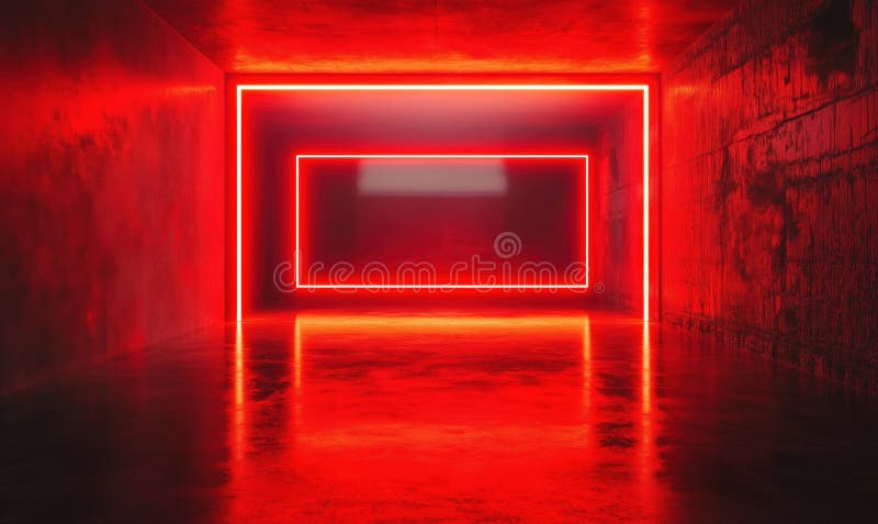 Futuristic Red Neon Light Room with Glowing Rectangular Frames and ...