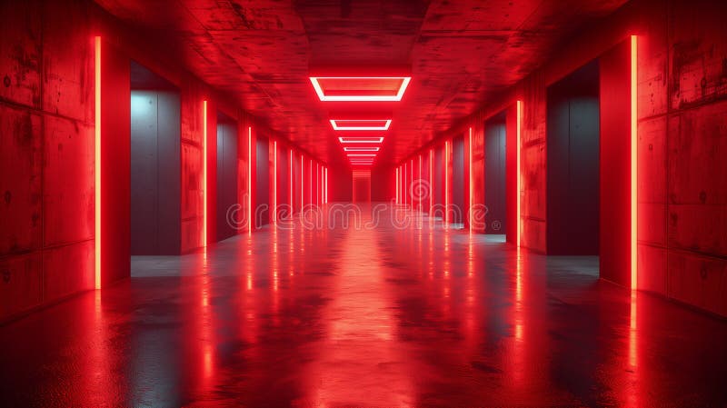 Futuristic Red Neon-Lit Corridor with Reflective Floor Stock ...