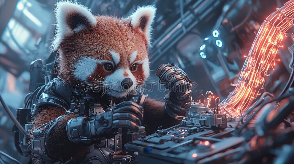 A Futuristic Red Panda Working with Intricate Technology in a Sci-fi ...