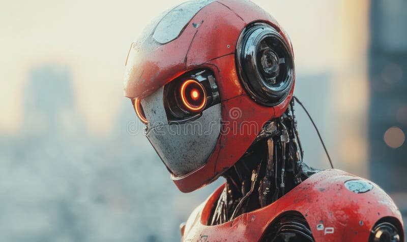Futuristic Red Robot Head with Glowing Eyes Stock Image - Image of ...