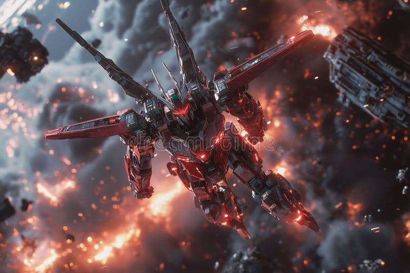 Futuristic Red Robot in Space Battle Stock Illustration - Illustration ...