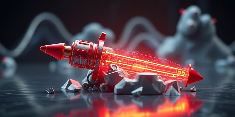 Futuristic Red Rocket Ship Glowing Neon Technology Design 3d Art Dark ...