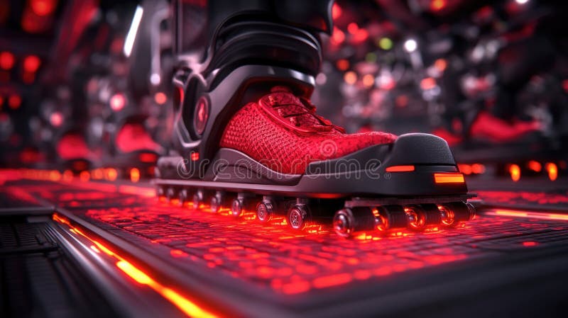 Futuristic Red Roller Skate with Led Lights on a High-tech Treadmill ...