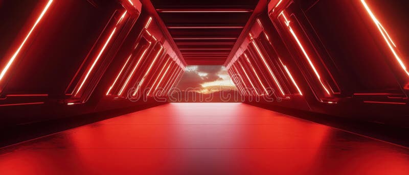 Futuristic Red Sci-fi Corridor with Dramatic Sunset at Horizon Stock ...