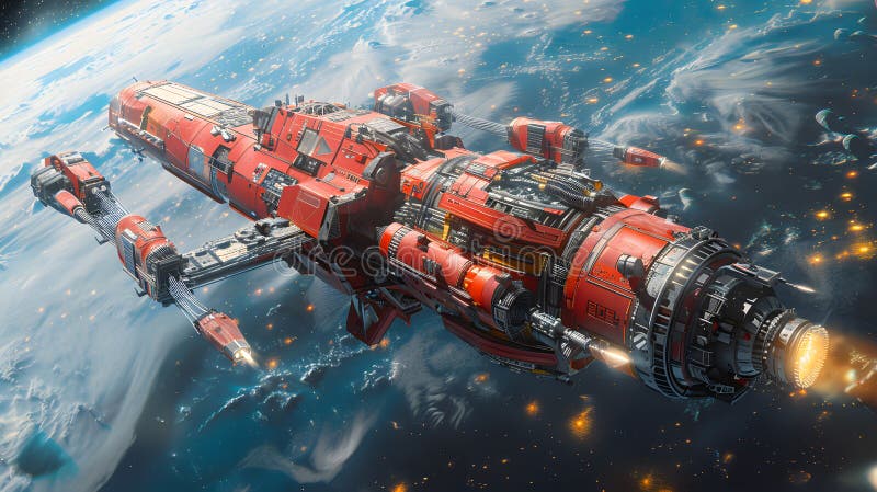 Futuristic Red Spaceship Orbiting Earth in Outer Space Stock Image ...