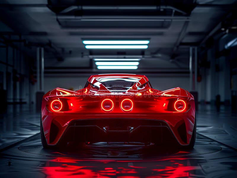 Futuristic Red Sports Car in Garage Stock Illustration - Illustration ...