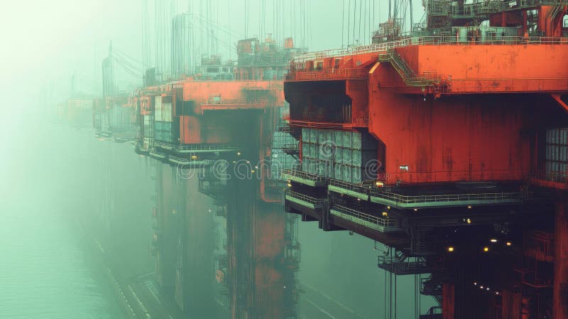 Futuristic Red Structures in Foggy Water City Stock Illustration ...