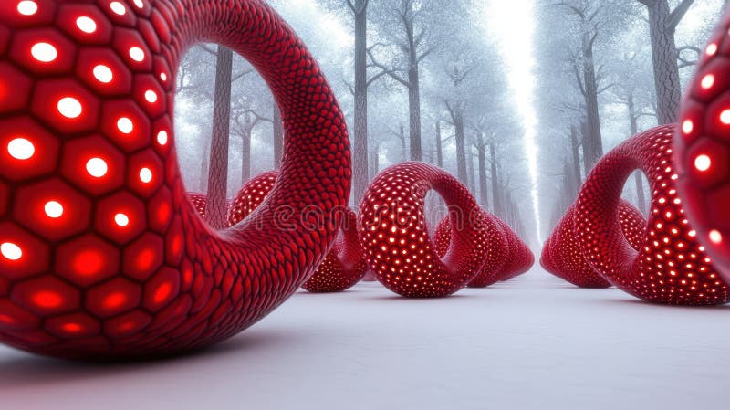 Futuristic Red Torus Structures in a Snowy Forest Create a Surreal ...