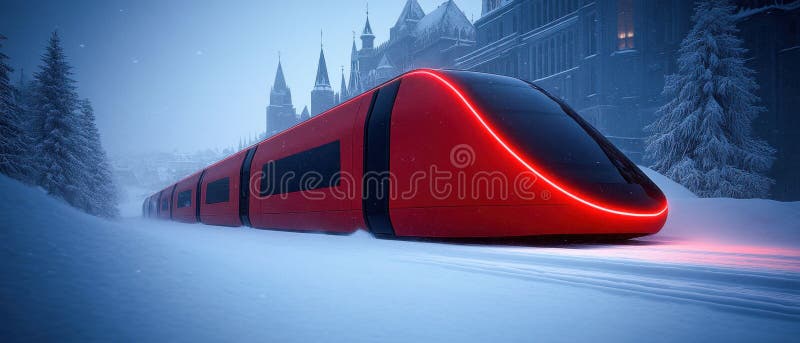 Futuristic Red Train in Snow with Gothic Architecture and Neon Lights ...