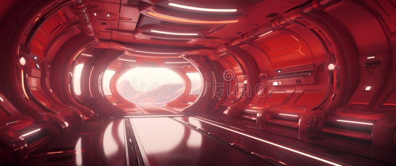 Futuristic Red Wide Empty Corridor of a Sci-fi Spaceship with Large ...