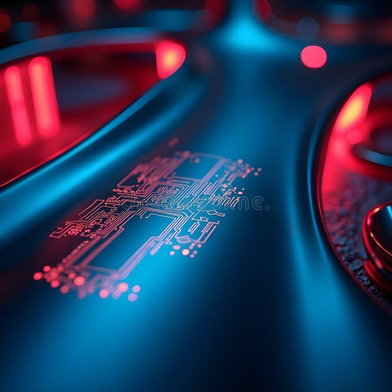 Futuristic Reflective Metal Surface with Glowing Circuit Design ...