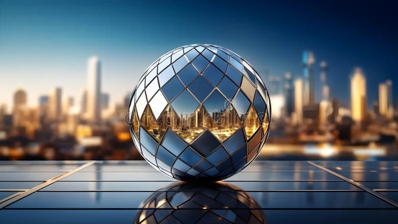 Futuristic Reflective Sphere on Urban Skyline Backdrop, Modern ...