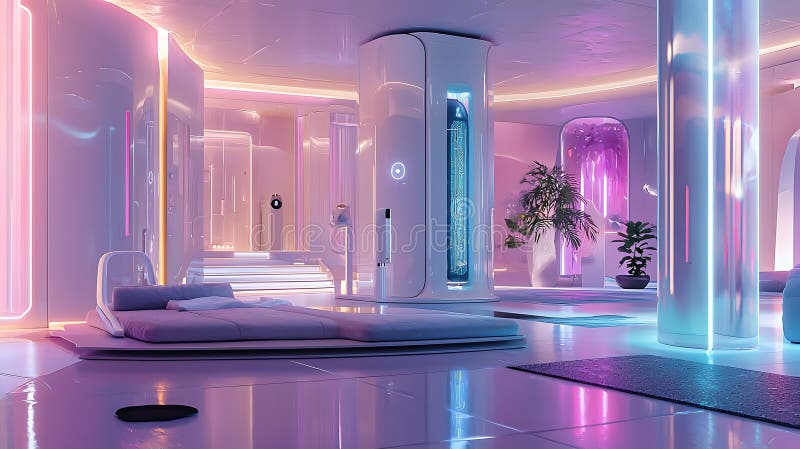 Futuristic Relaxation Space with Colorful Lighting and Modern Design Stock Illustration ...