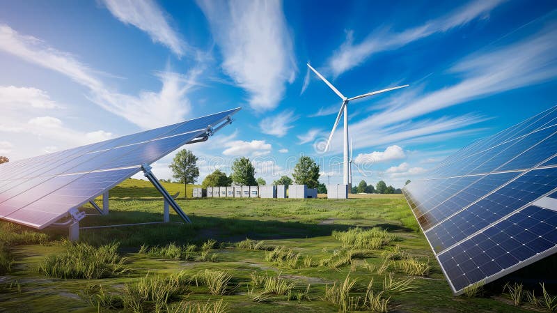 Futuristic Renewable Energy Source with Wind Turbines and Solar Panels ...