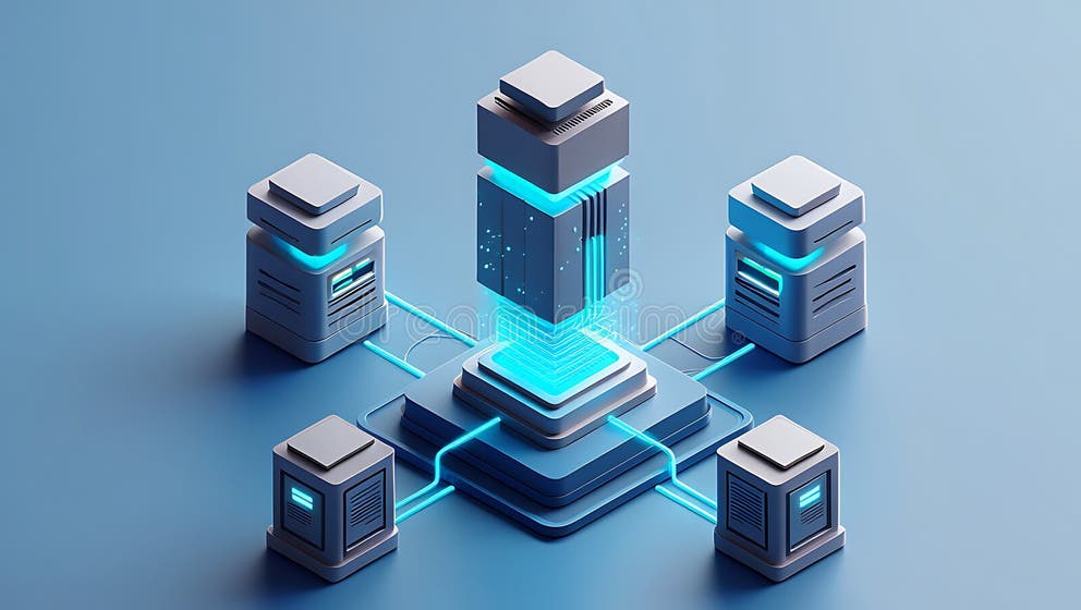 Centralized Server Hub Connected by Glowing Blue Data Streams Stock ...