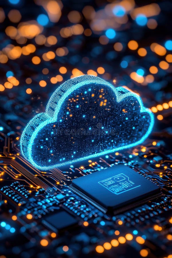 Blue Glowing Cloud Icon Symbolizing Technology and Innovation in a Circuit Setting Stock Image ...