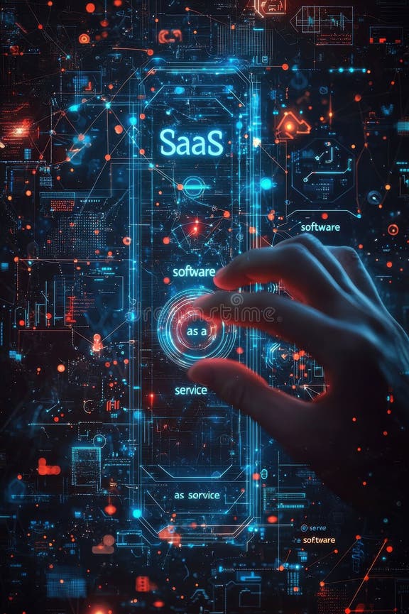 Hand Touches SaaS Button on Futuristic Digital User Interface Stock ...