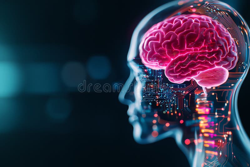 A Futuristic Representation of a Human Head with a Glowing Brain and Digital Circuitry ...