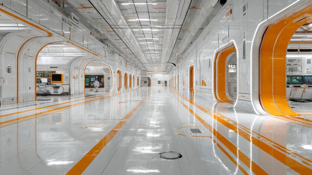 Futuristic Research Corridor with White and Orange Panels, Integrated ...