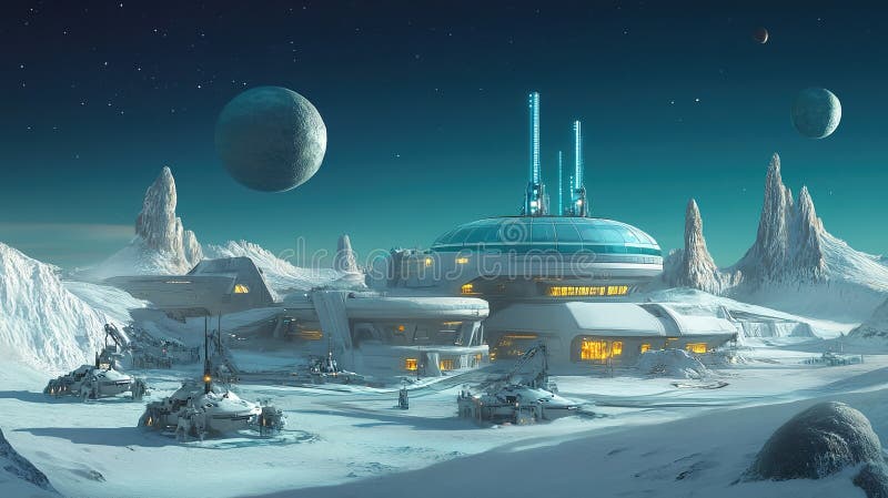 Futuristic Research Facility on a Snowy Alien Planet with Imposing ...