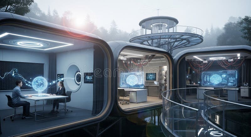 Futuristic Research Pods in a Serene Landscape, Featuring Advanced ...